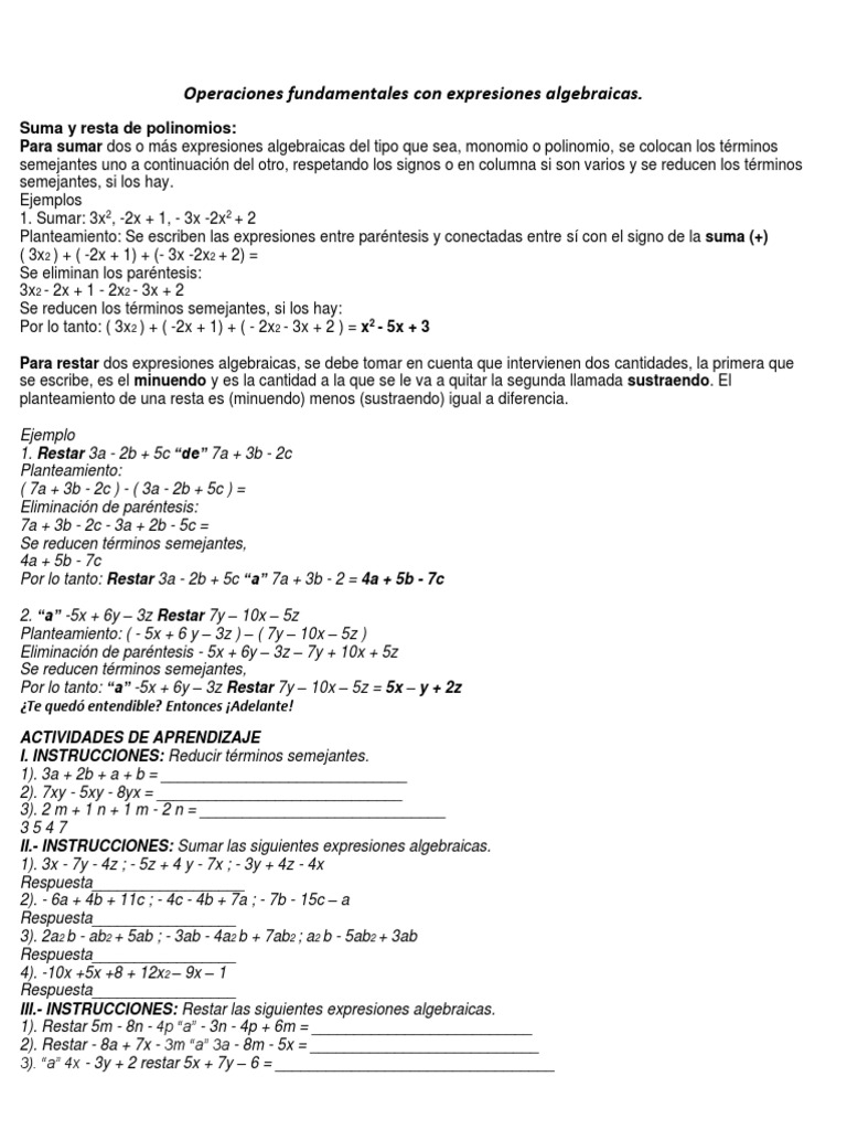 Operaciones Fundamentales Con Expresiones Algebraicas | PDF ...