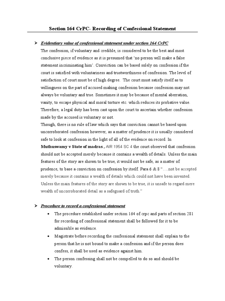 Section 164 Crpc-Recording of Confessional Statement: Muthuswamy V State of Madras | PDF ...
