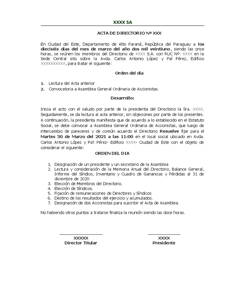 Acta de Directorio y Convocatoria a Asamblea | PDF | Derecho