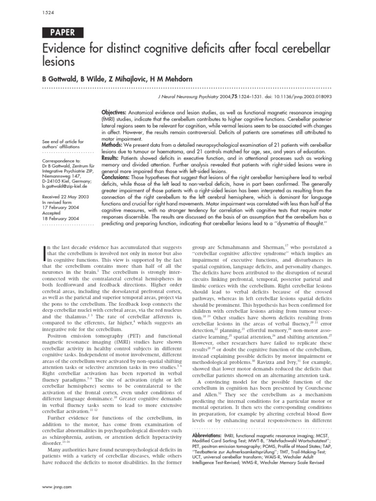 Cognitive Deficits from Cerebellar Lesions | PDF | Cerebellum | Mental ...