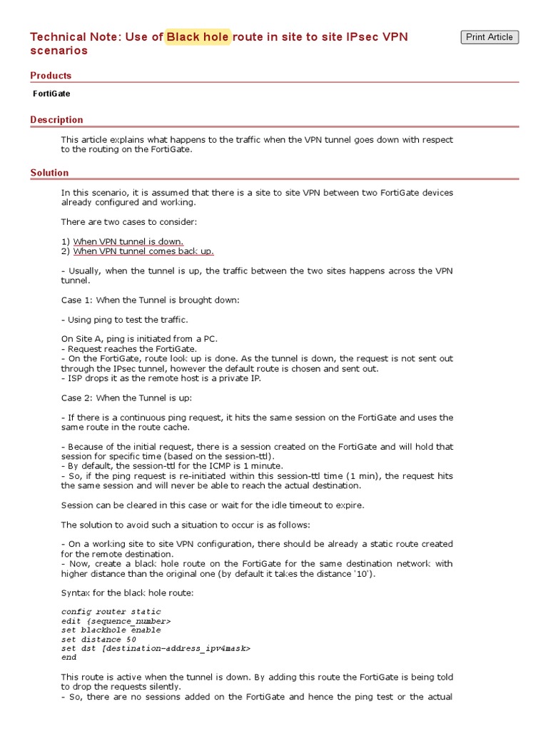 Use of Black Hole Route in Site To Site IPsec VPN Scenarios | PDF | Virtual Private Network ...