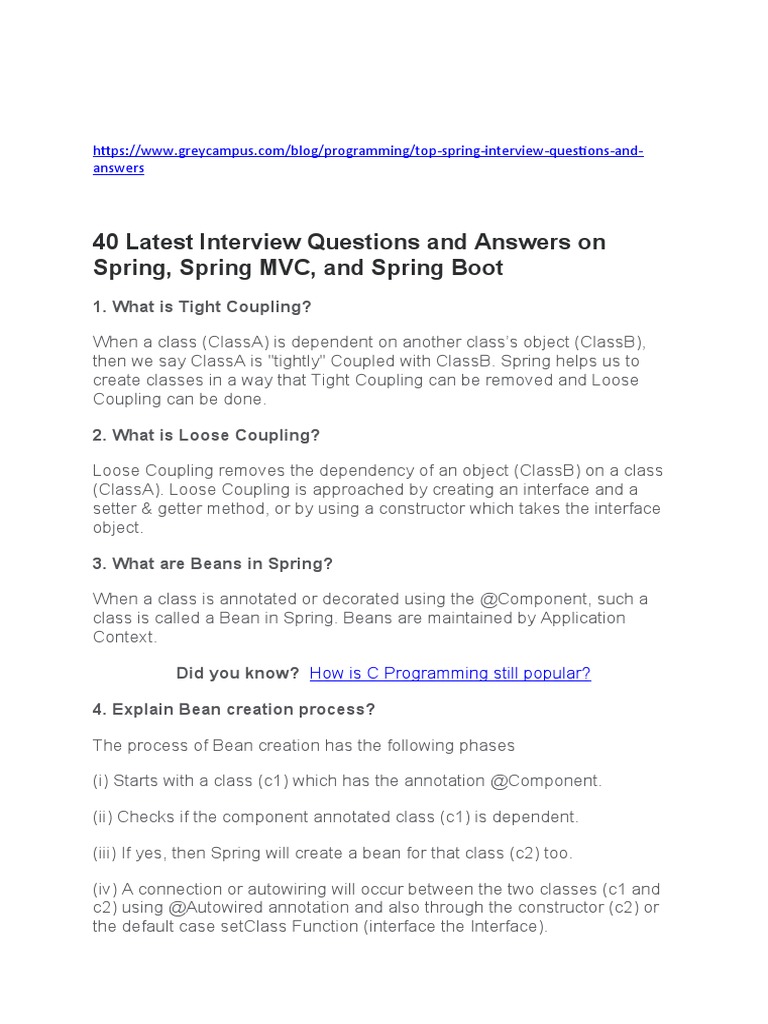 40 Latest Interview Questions and Answers On Spring, Spring MVC, and ...