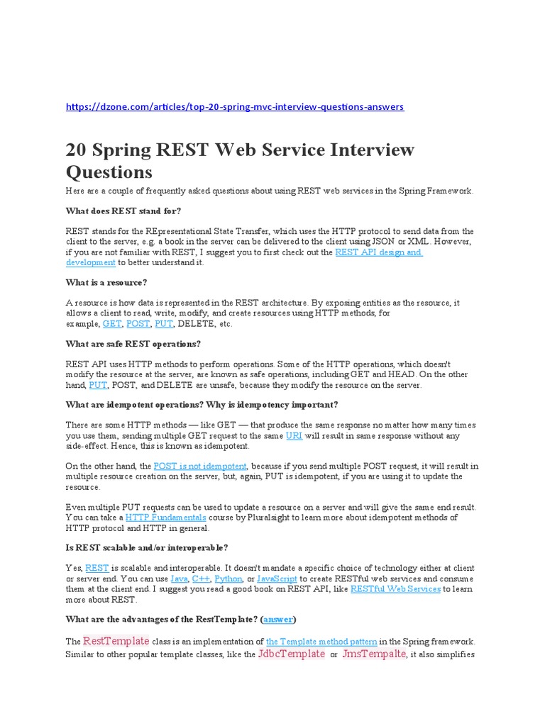 20 Spring REST Web Service Interview Questions: What Does REST Stand For? | PDF ...