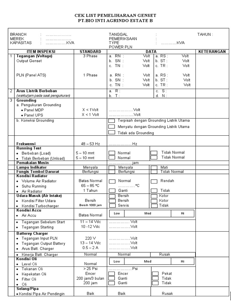 Checklist Pemeliharaan Genset KVA | PDF