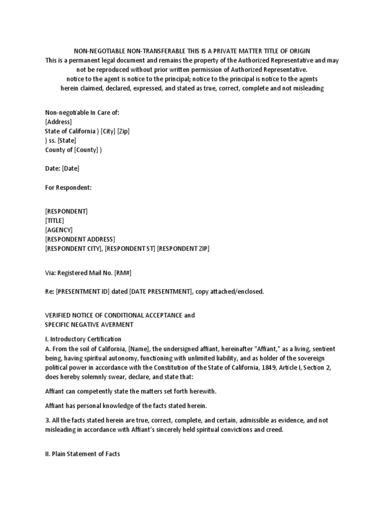 Notice of Conditional Acceptance | PDF | Affidavit | Jurisdiction