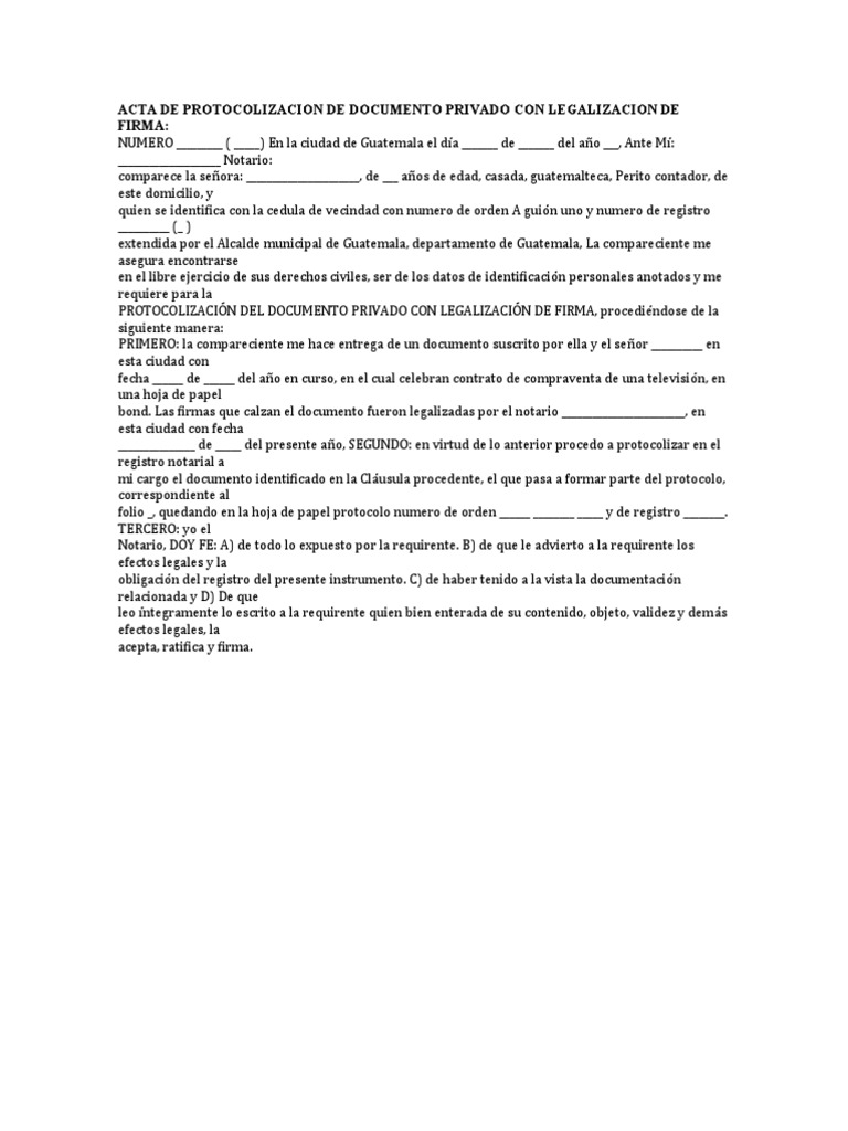 Acta de Protocolizacion de Documento Privado Con Legalizacion de Firma | PDF