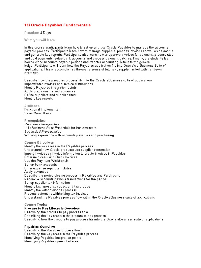 11i Oracle Payables Fundamentals Pdf Accounts Payable Invoice