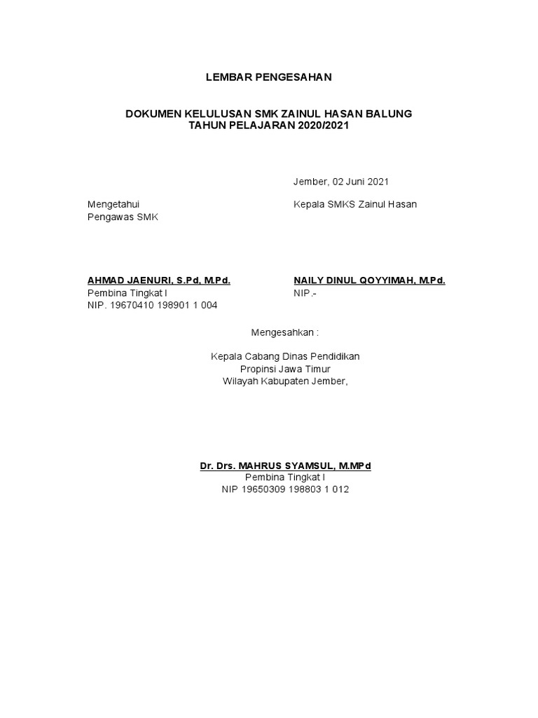Lembar Pengesahan Kelulusan SMK 2021 | PDF