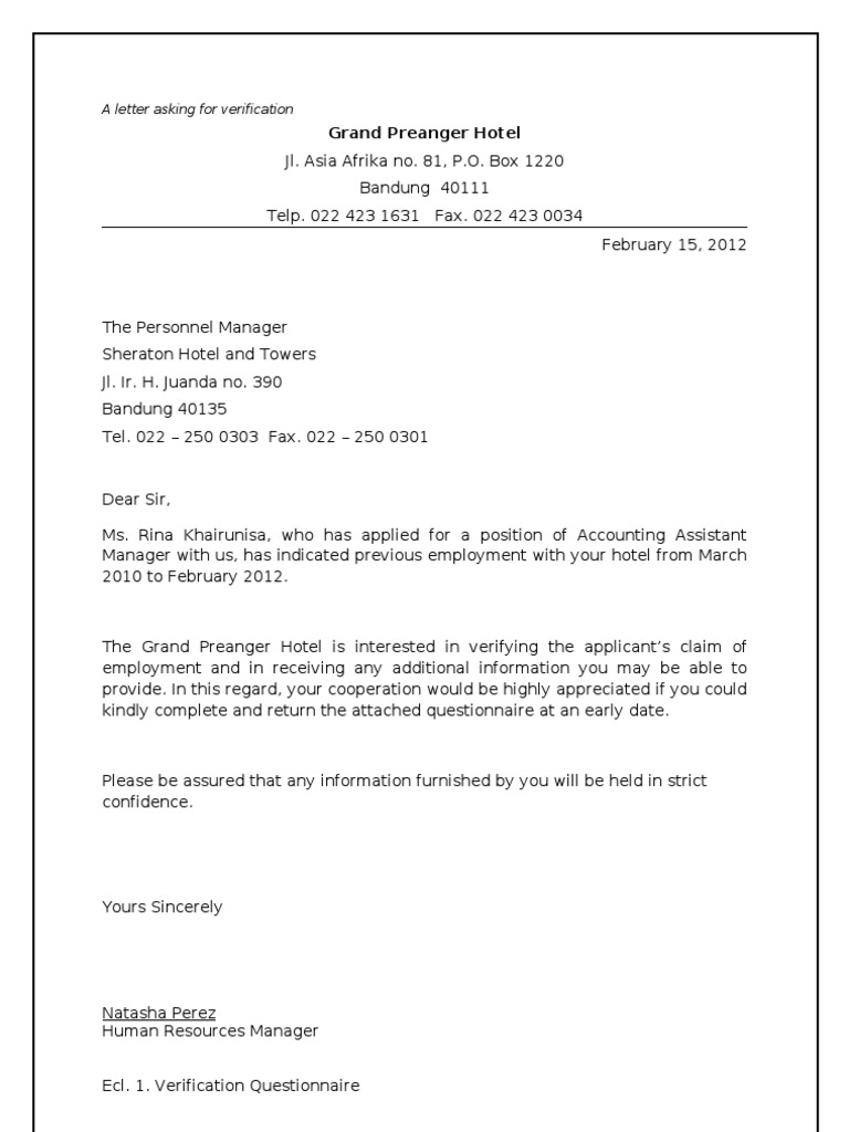 A Letter Asking For Verification | PDF | Psychology | Employment