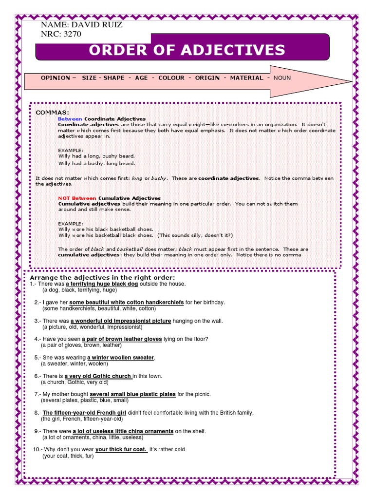 GRAMMAR 1 UNIT 10 Word-Order-Of-Adjectives | PDF | Adjective | Clothing