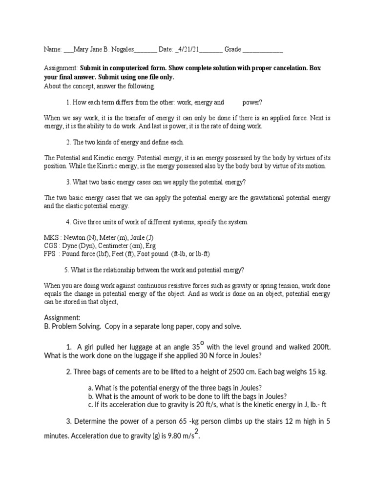 Work and Power Assignment Overview | PDF | Potential Energy | Force