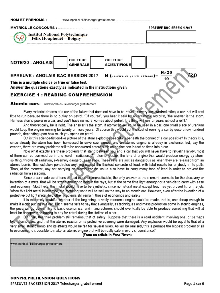 Sujets Concours D'entrée À l'INPHB Session 2017 | PDF | Radiation | Car
