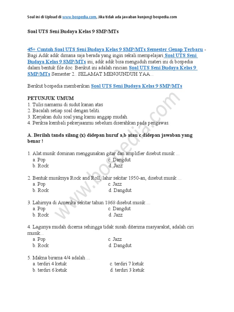 Contoh Soal UTS Seni Budaya | PDF