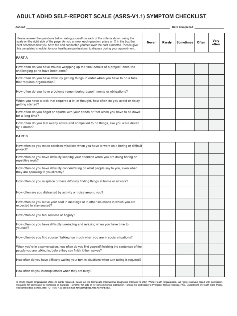 Adult Adhd Self-Report Scale (Asrs-V1.1) Symptom Checklist | PDF | Adult Attention Deficit ...