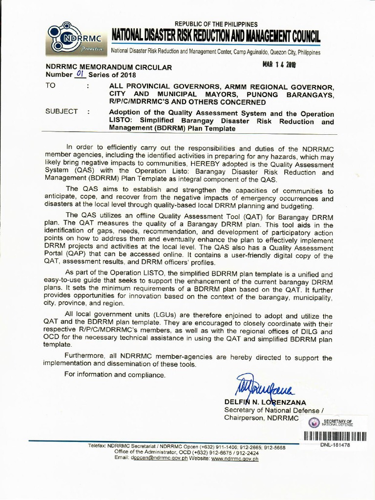 NDRRMC Memo No. 01 S 2018 Adoption QAS and Simplified BDRRMP Template ...