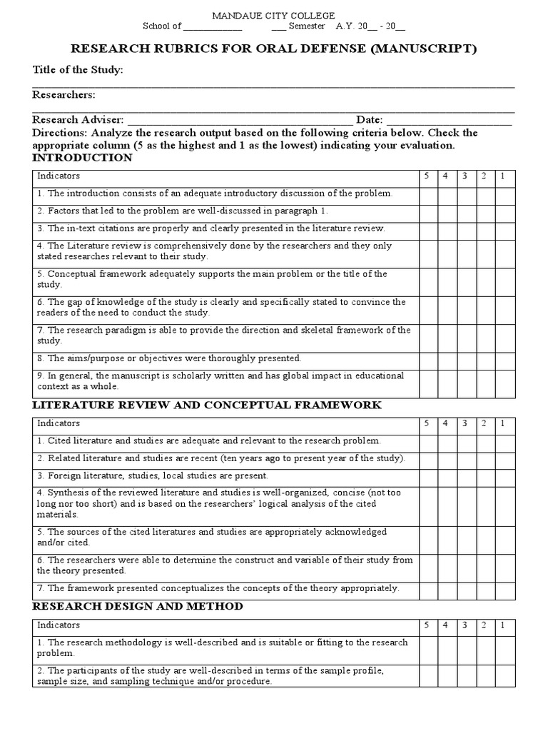 Research Rubrics For Oral Defense (Manuscript) | PDF | Statistics | Methodology