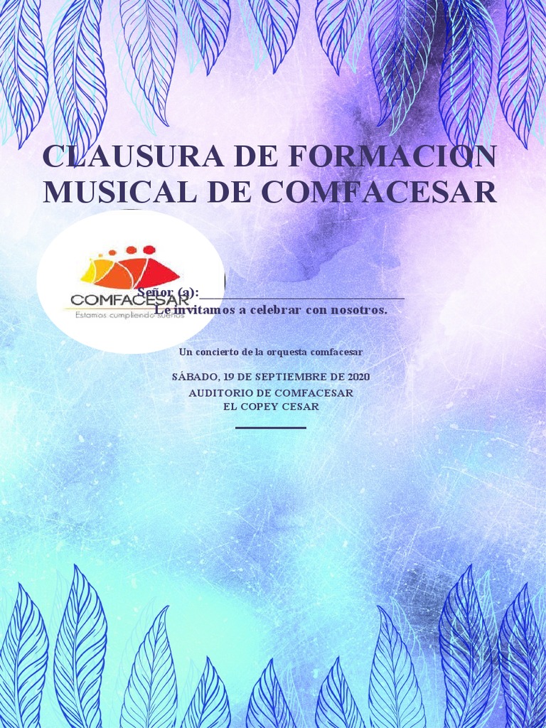 Tarjeta de Invitacion Clausura de Formacion Musical de Comfacesar | PDF