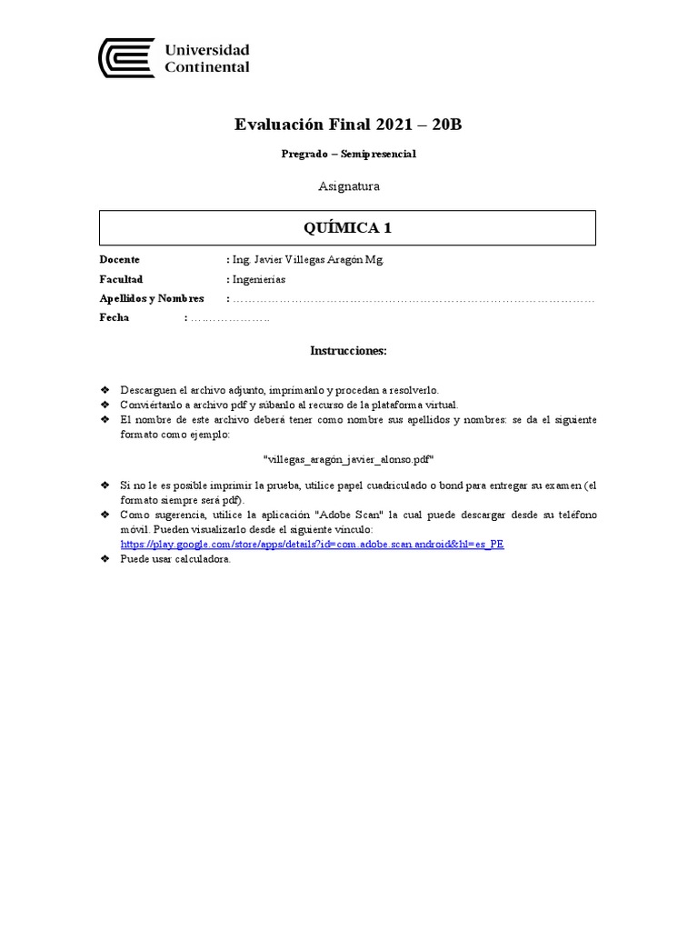 Evaluacion Final Quimica 01 Semipresencial 2021 20B | PDF | Redox | Titanio
