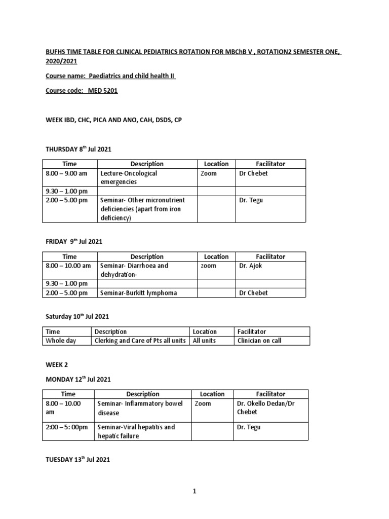 PEDIATRICS Timetable 5yr, Rot2, Sem1!20!22-New | PDF | Pediatrics ...