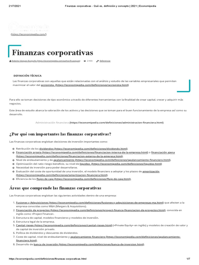 Finanzas Corporativas - Qué Es, Definición y Concepto - 2021 - Economipedia | PDF | Dinero ...
