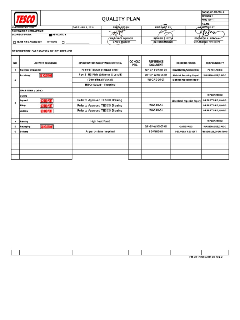 Quality Plan Fabrication of Bit Breaker | PDF | Metal Fabrication ...