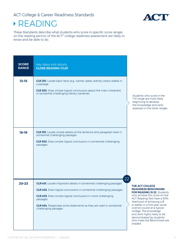 Reading: ACT College & Career Readiness Standards | PDF | Narrative ...