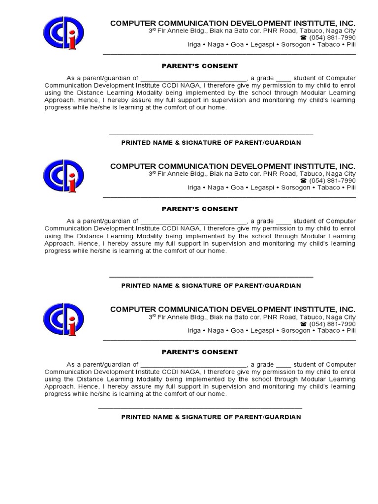 Parental consent form for students of the Computer Communication ...