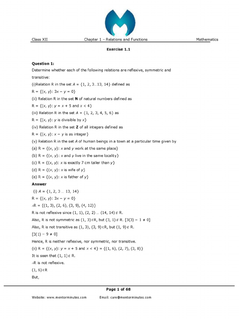 Class XLL Mathematics Chapter 1 | PDF