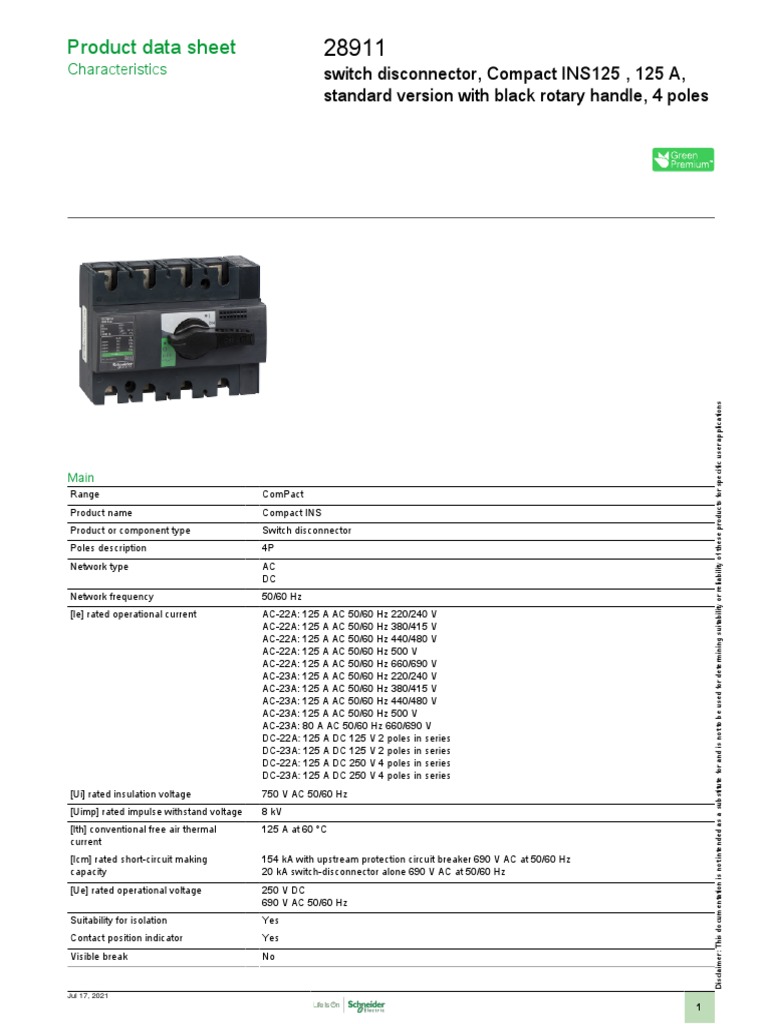 Product Data Sheet: Switch Disconnector, Compact INS125, 125 A, Standard Version With Black ...