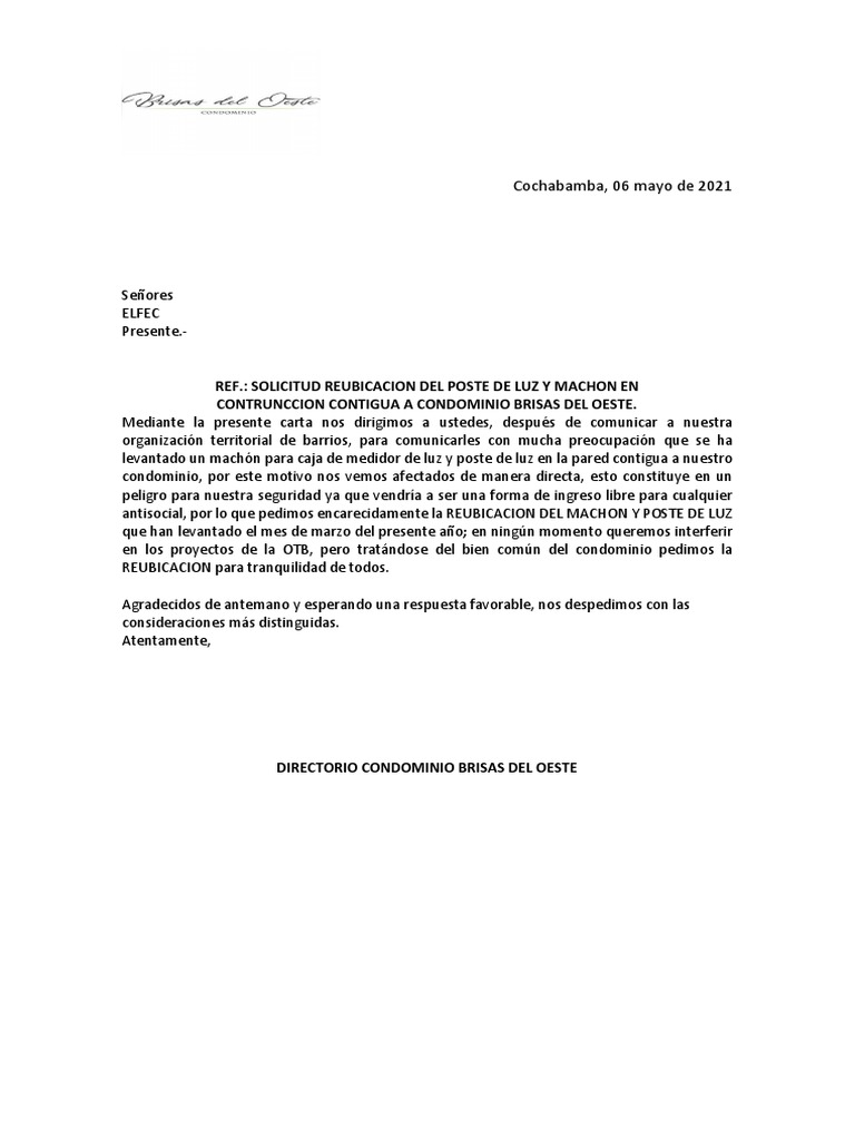Solicitud de reubicación de poste de luz y machón por razones de seguridad | PDF