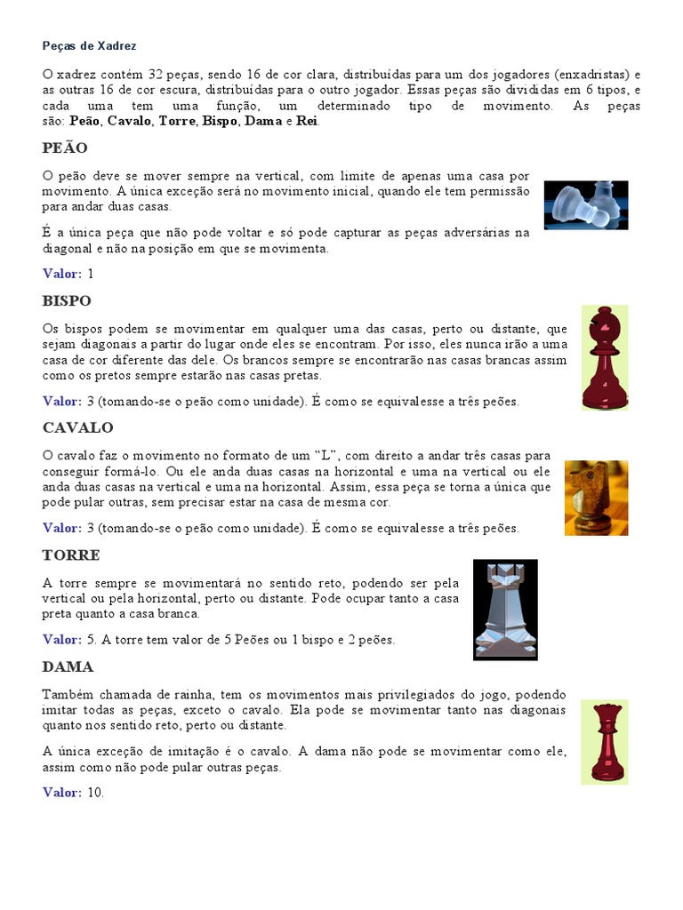Peças de Xadrez - Regras Do Xadrez | PDF | Xadrez | Jogos de estratégia ...