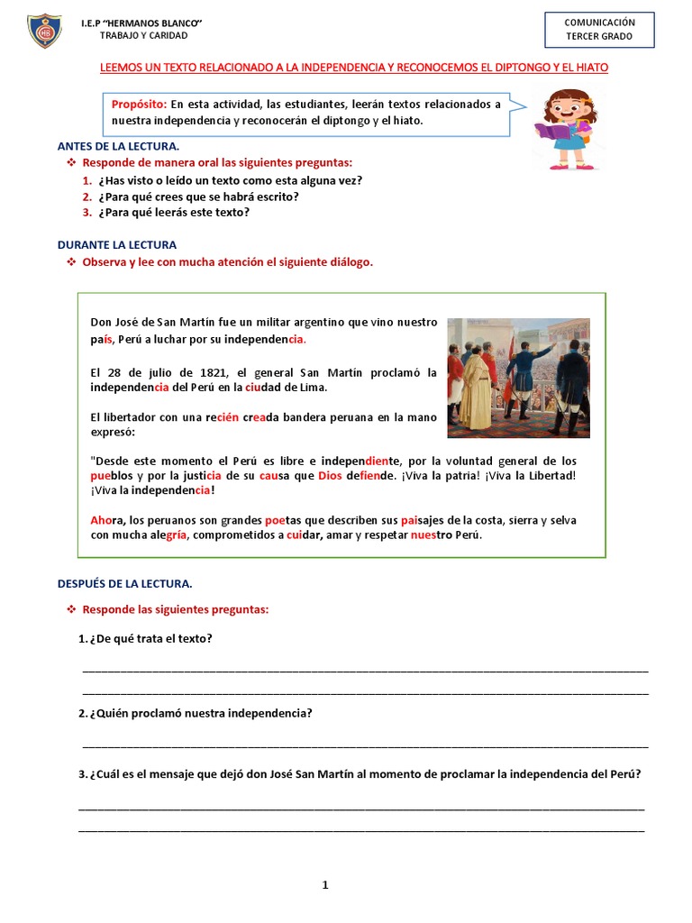 Comunicación, Leemos Un Texto Relacionado A La Independencia y ...