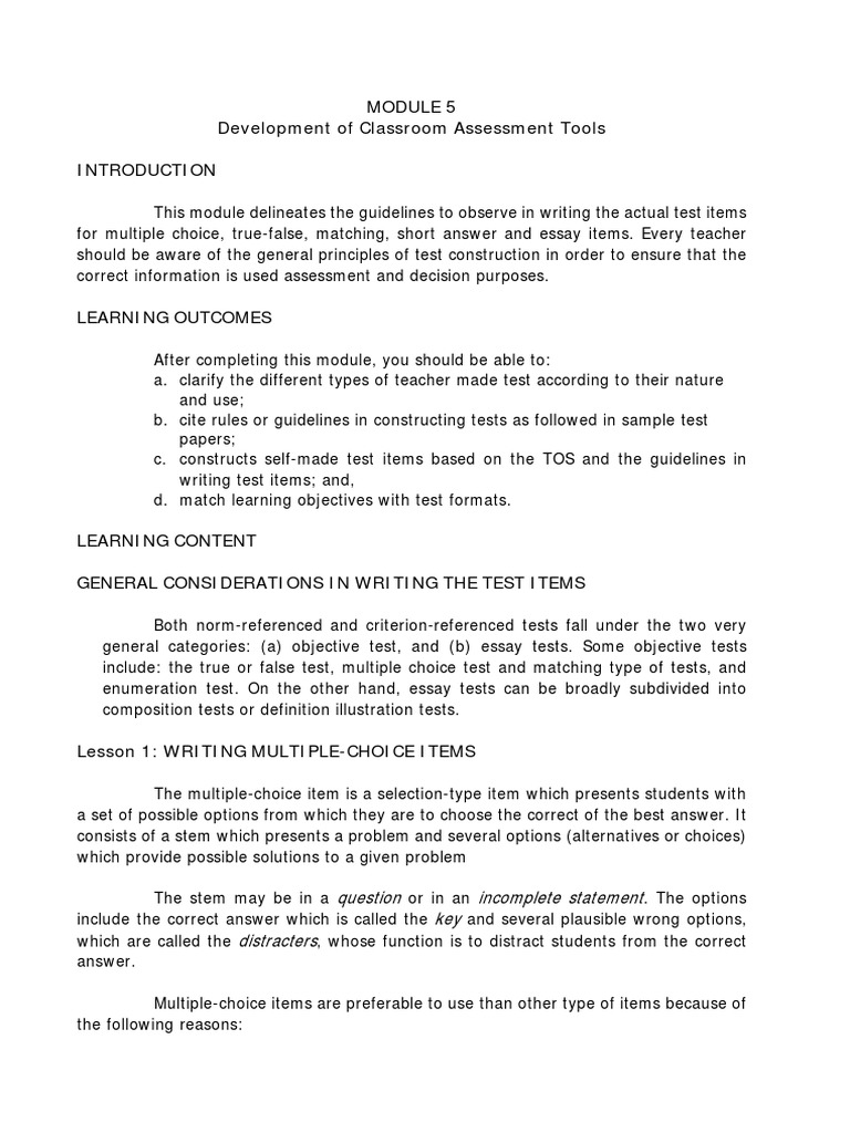 Module 5 - Development of Classroom Assessment Tools | PDF | Multiple ...