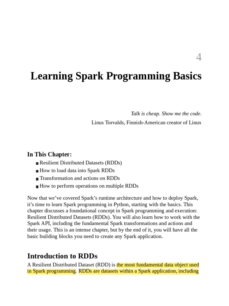 Learning Spark Programming Basics Introduction To Rdds Pdf Apache Spark Databases