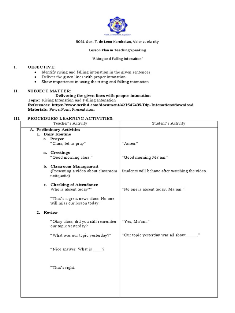 Detailed Lesson Plan in Rising and Falling Intonation | PDF | Question ...
