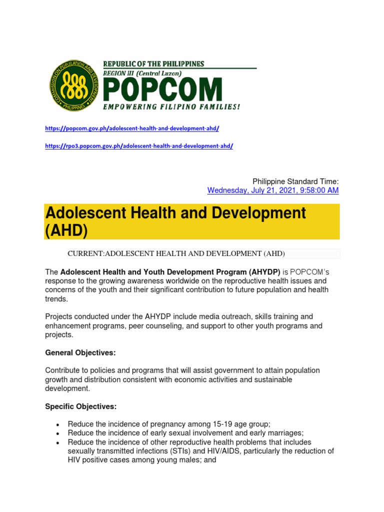 Adolescent Health and Development Program - POPCOM | PDF