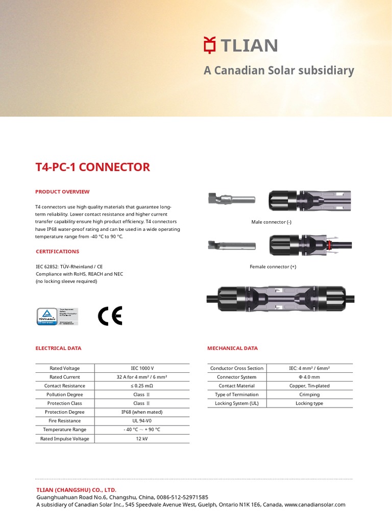 T4-Pc-1 Connector: A Canadian Solar Subsidiary | PDF | Electrical ...