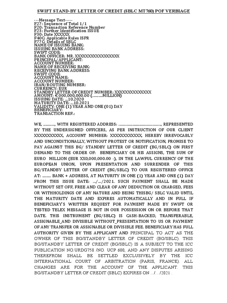 Swift Stand by Letter of Credit | PDF | Letter Of Credit | Private Law