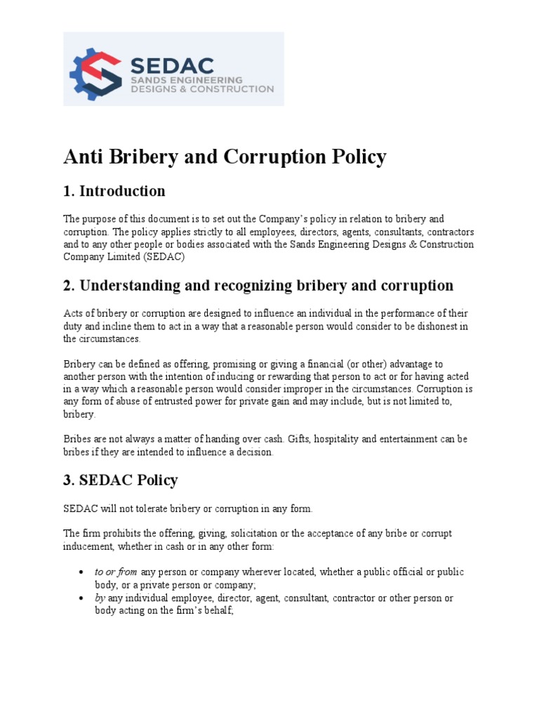 Anti Bribery and Corruption Policy | PDF | Bribery | Corruption