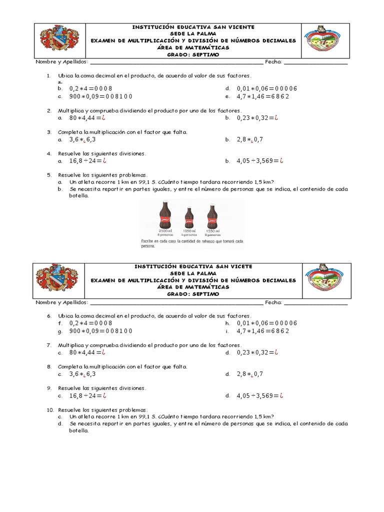 Examen de Multiplicacion y División de Números Decimales 7° | PDF ...