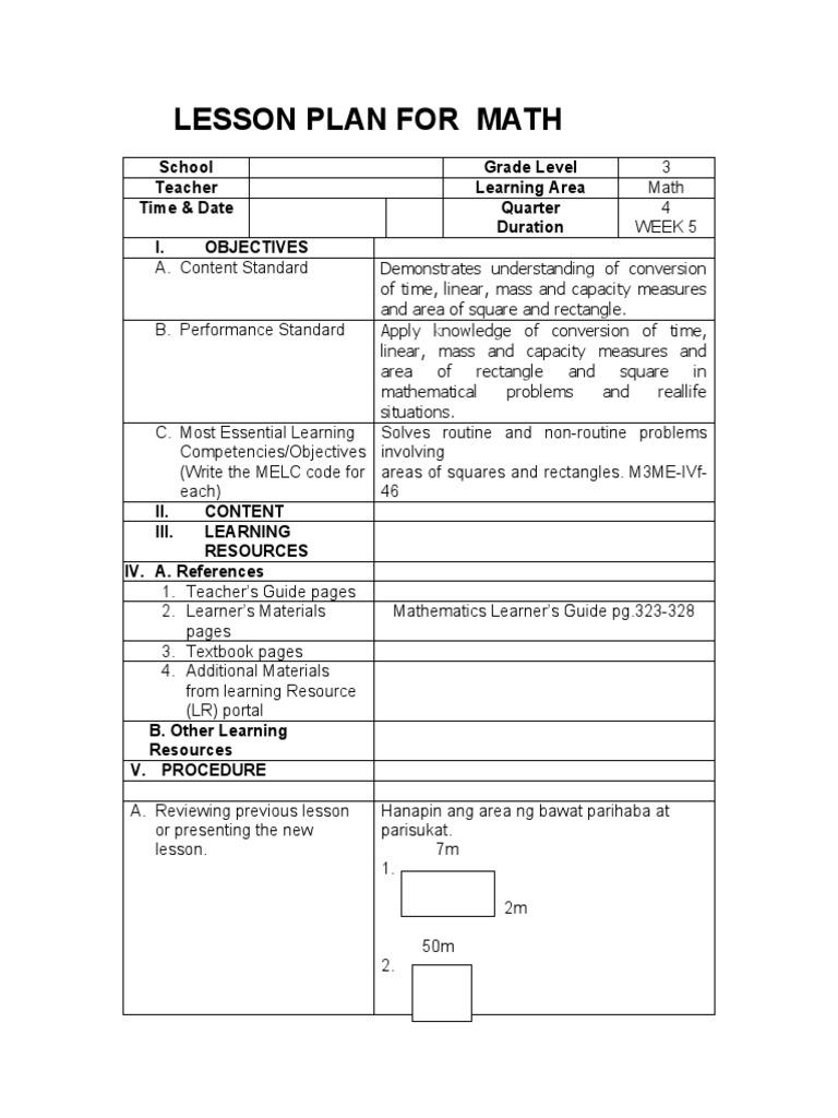 Cot Lesson Plan For Mathematics Grade 3-6 | PDF