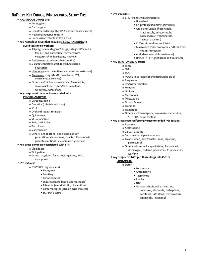Key Drugs, Mnemonics, Study Tips | PDF | Pharmaceutical Sciences | Medical Treatments