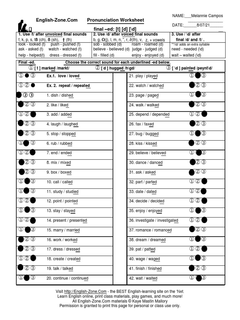 Pronunciation Worksheet Final - Ed: (T) (D) (/D) : //D/ Adds An Extra ...