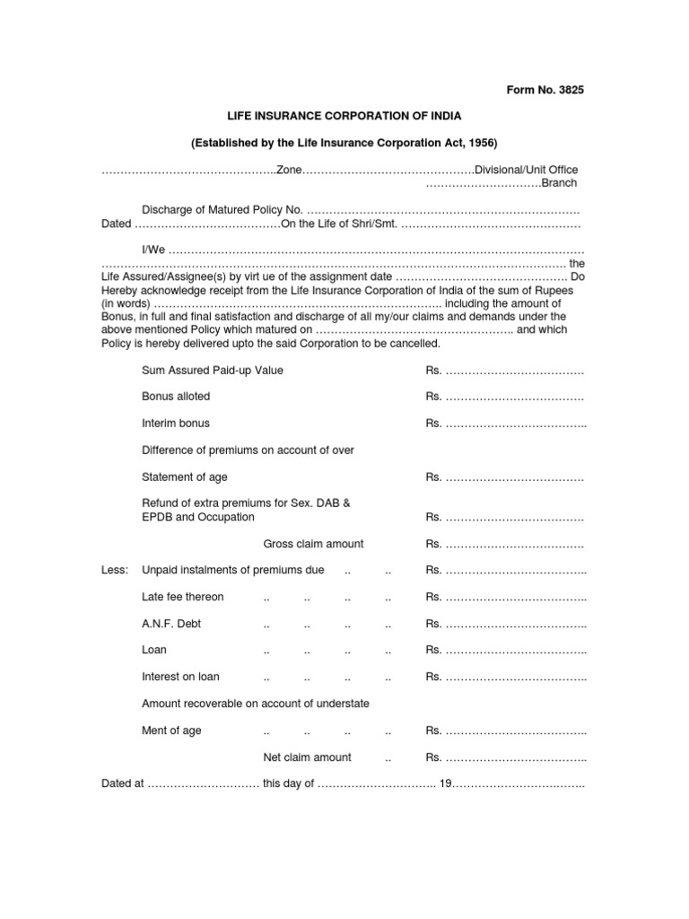 LIC Maturity Claim Form 3825 Download | PDF | Insurance | Financial ...