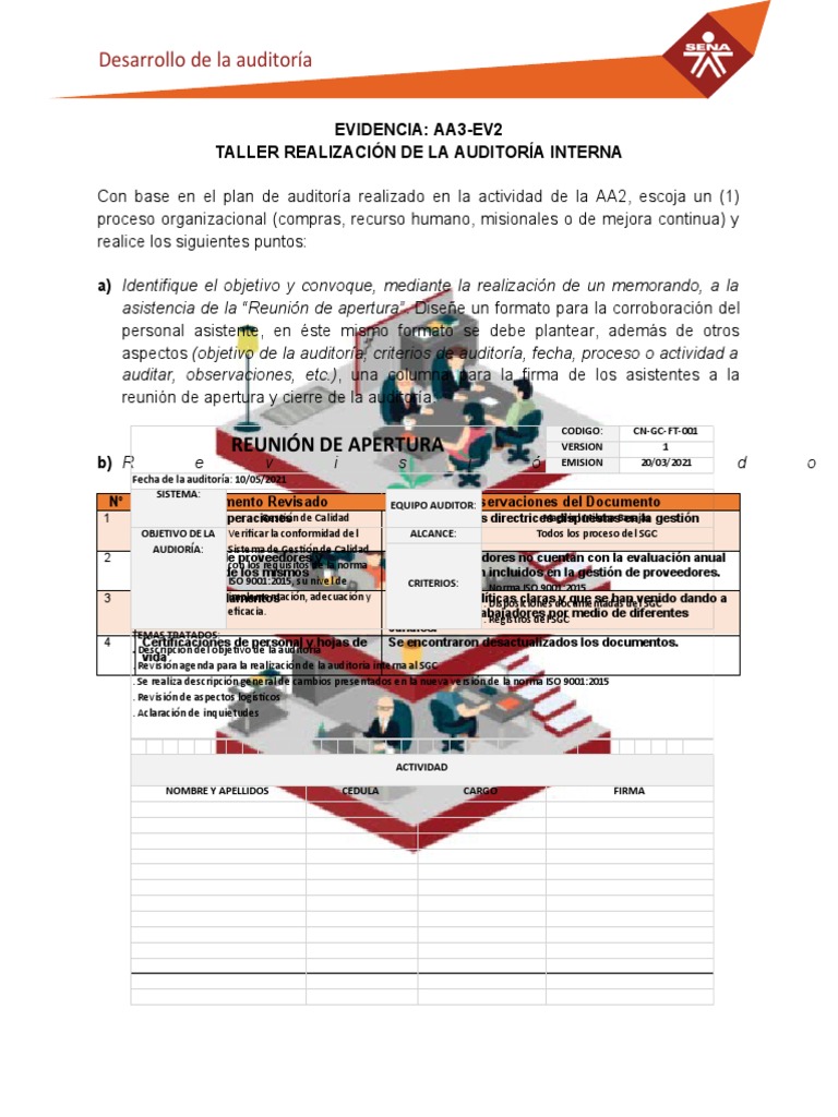 Formato Evidencia AA3 Ev2 Taller | PDF | Sistema de manejo de calidad | Auditoría