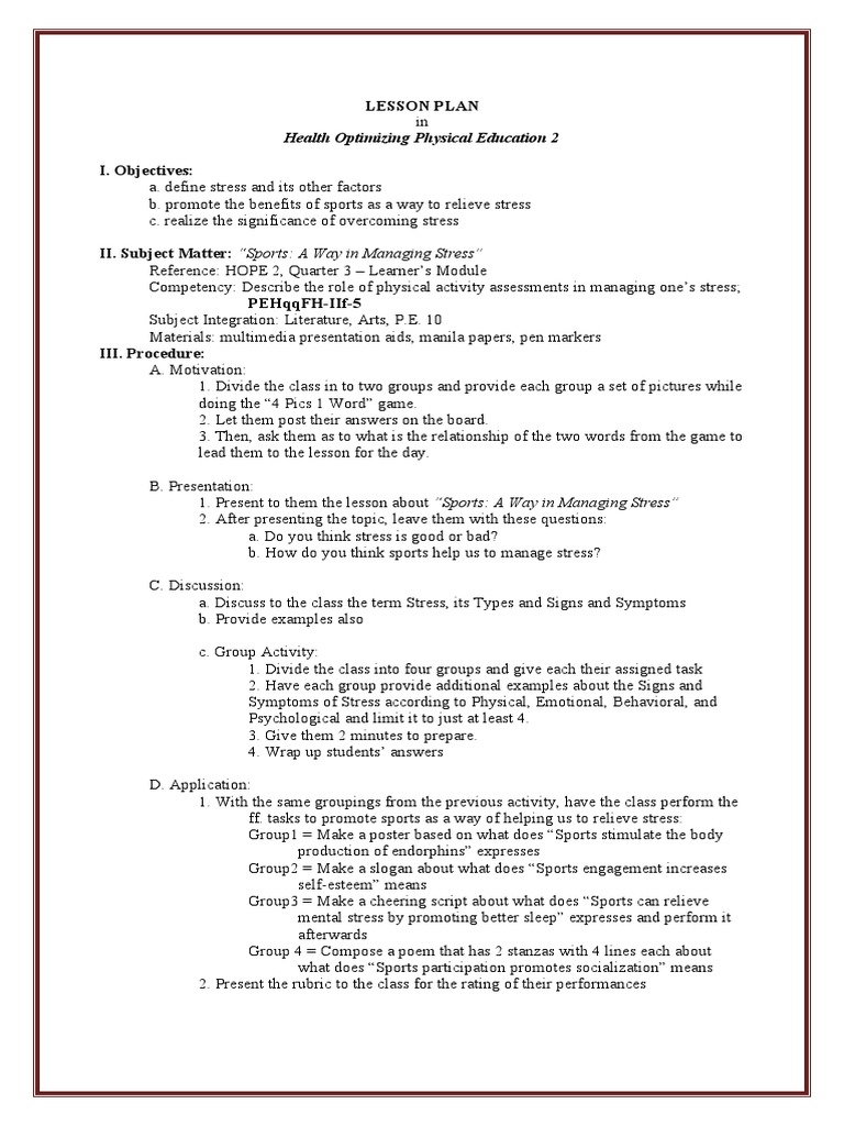 Lesson Plan in HOPE 1 (Sports) | PDF | Stress (Biology) | Lesson Plan