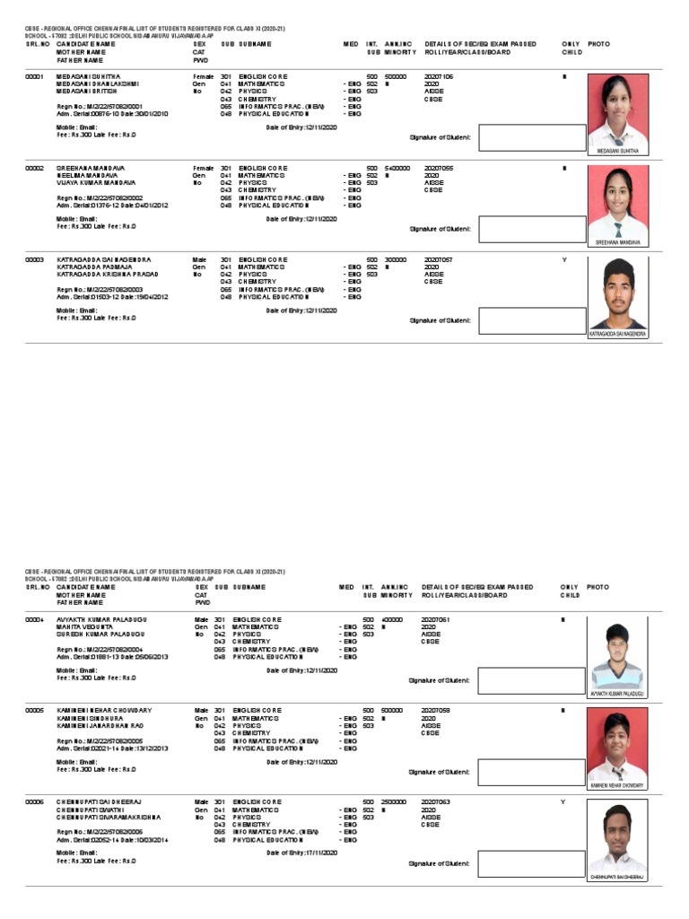 Cbse - Regional Office Chennai Final List of Students Registered For ...