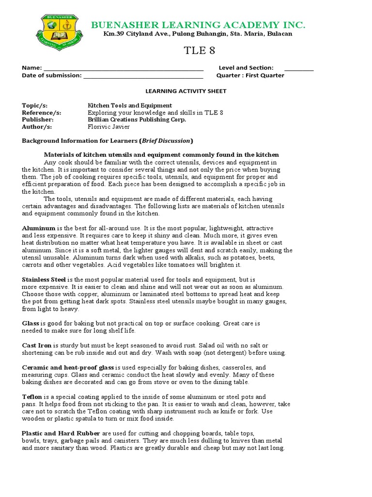 TLE 8 Worksheet | PDF | Cookware And Bakeware | Kitchen Utensil
