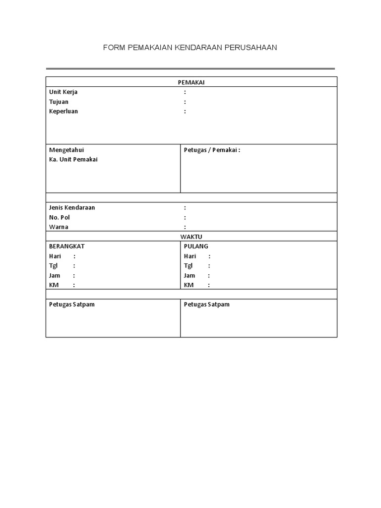 Form Pemakaian Kendaraan Perusahaan | PDF