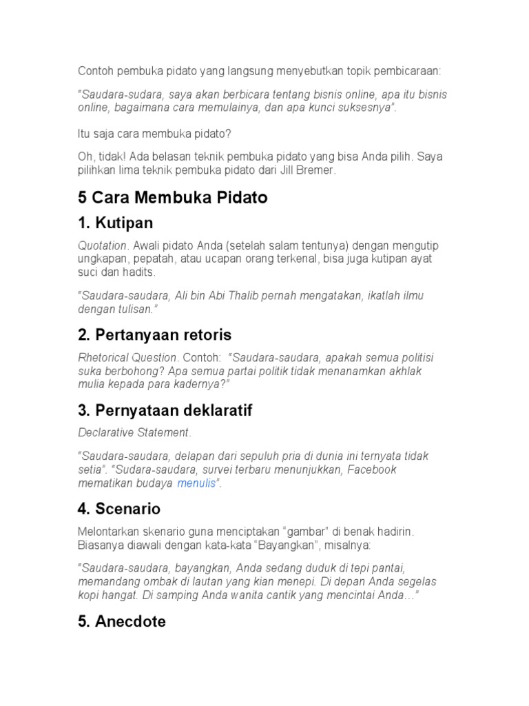 Contoh Pembuka Pidato Yang Langsung Menyebutkan Topik Pembicaraan | PDF